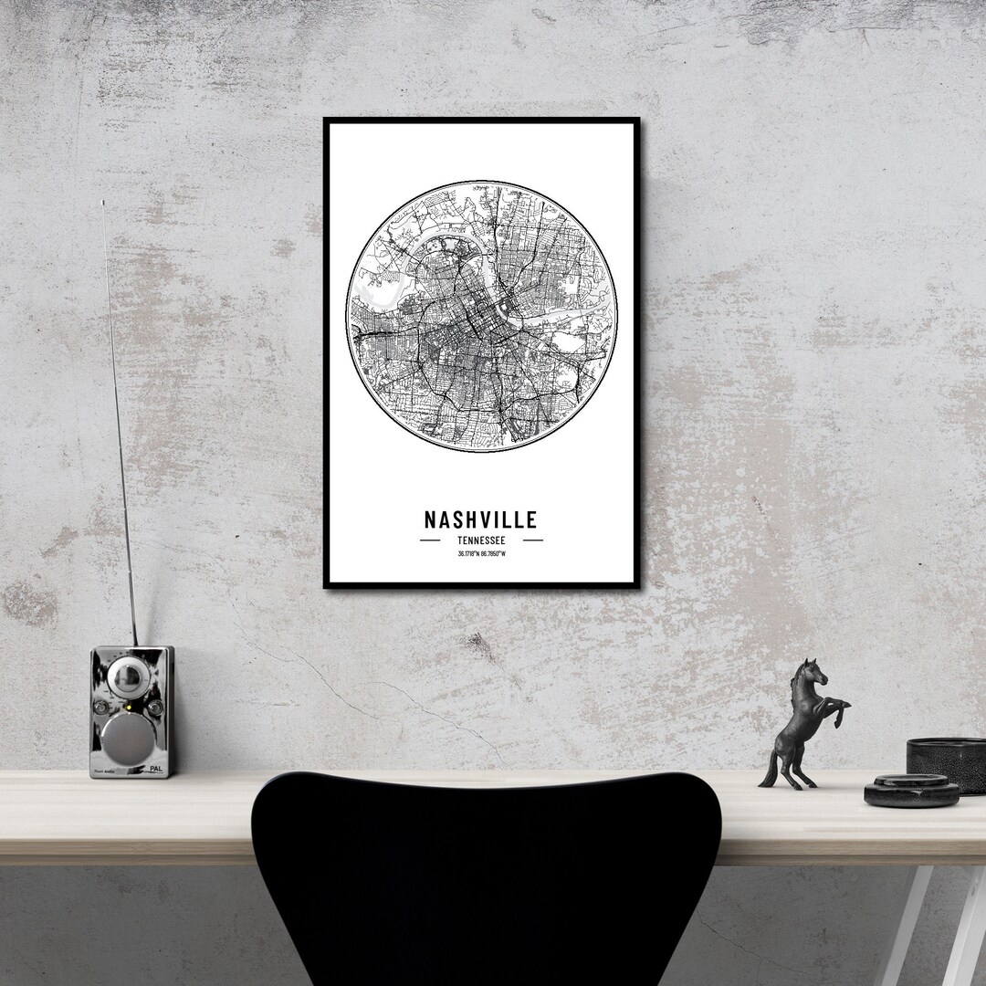 Nashville Map Print | Poster Print | Travel Wall Decor | Circle Border ...