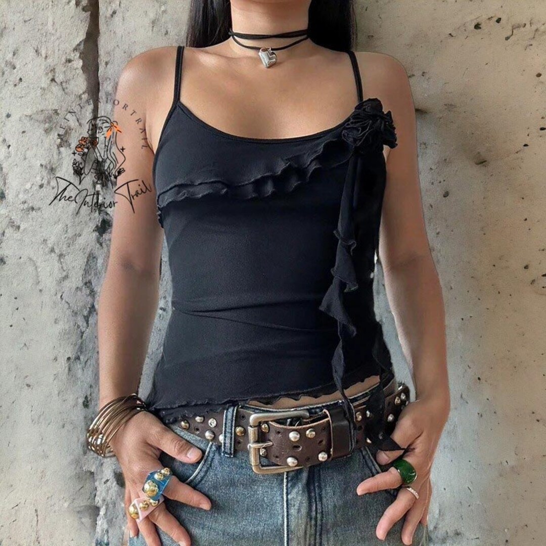 Women Double-layer Mesh Top Sweet Ruffles Floral Frill Black White ...