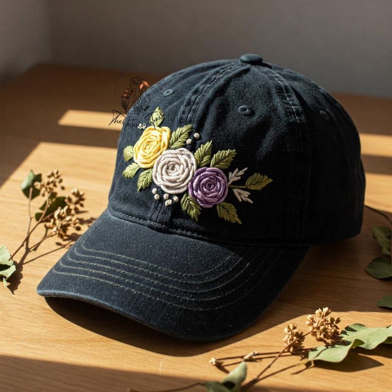 Custom Bunch Rose Flowers Hand Embroidered Baseball Cap Personalized ...