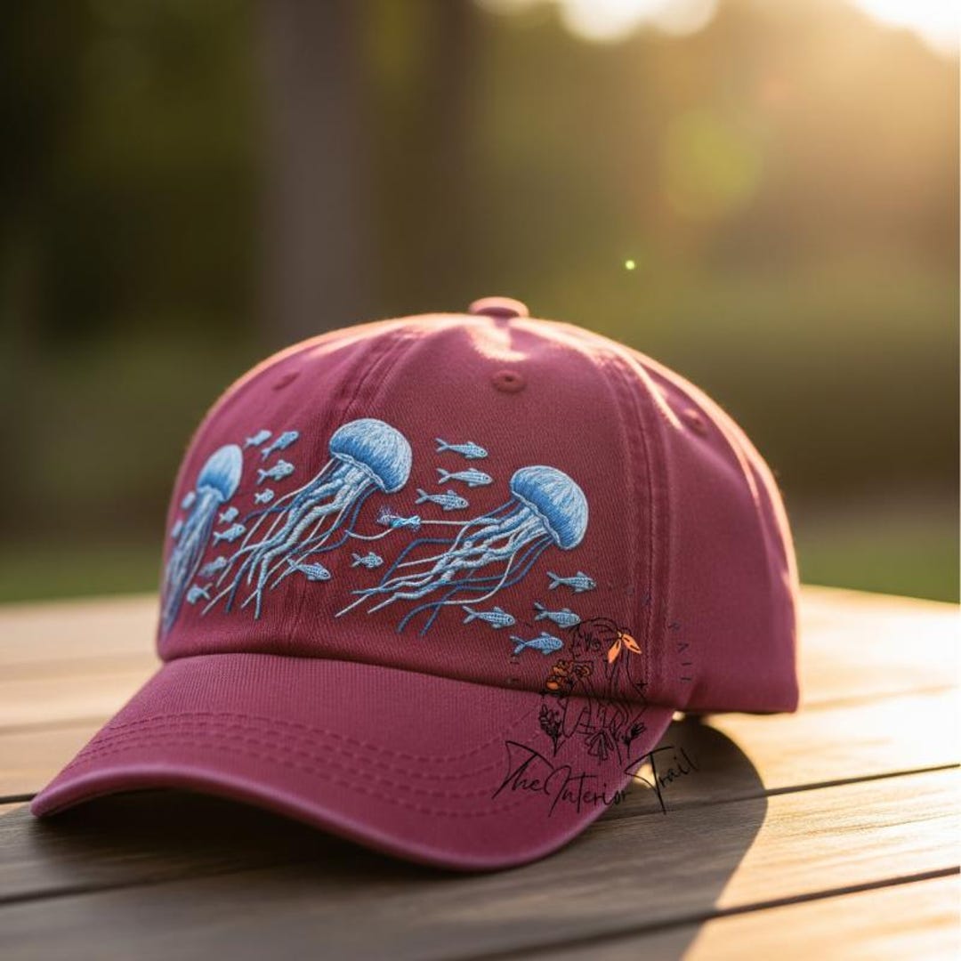 Custom Jellyfish and Fish Hand Embroidered Baseball Cap Personalized ...