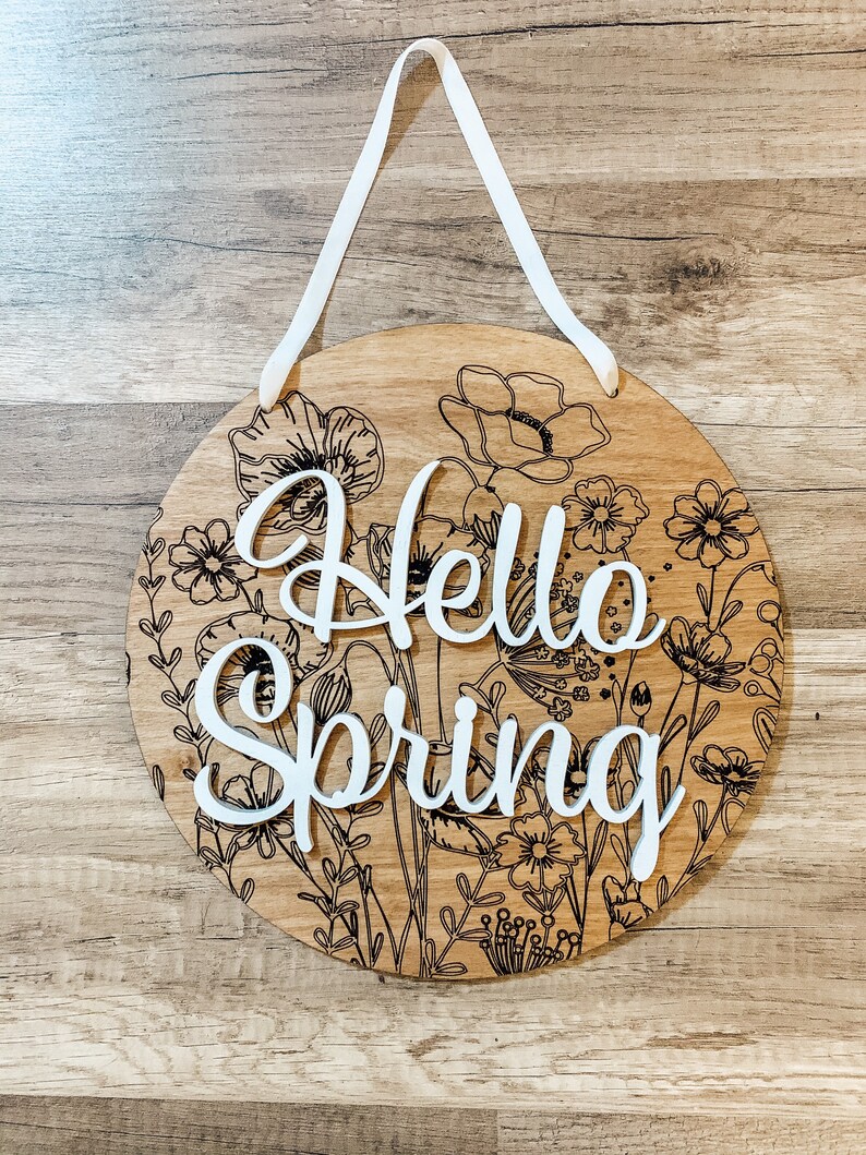 Hello Spring Floral Engraved Wood Sign - Etsy