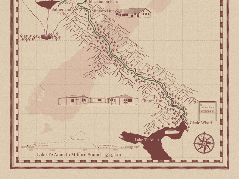Milford Track Map, Illustrated Hiking Map, Milford Sound Poster ...