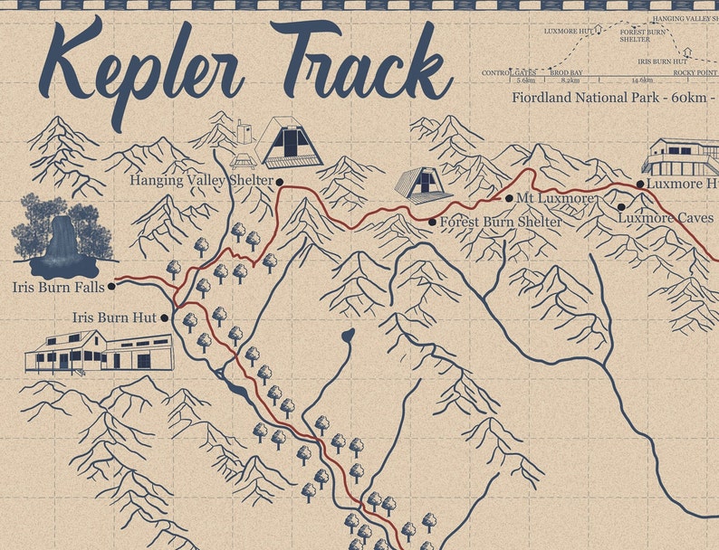 Kepler Track Map, Illustrated Hiking Map, Fiordland National Park ...