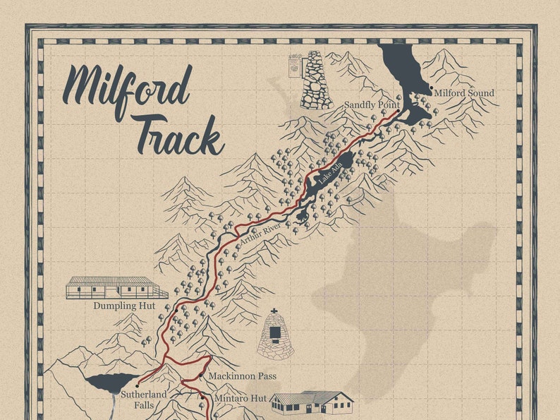 Milford Track Map, Illustrated Hiking Map, Milford Sound Poster ...