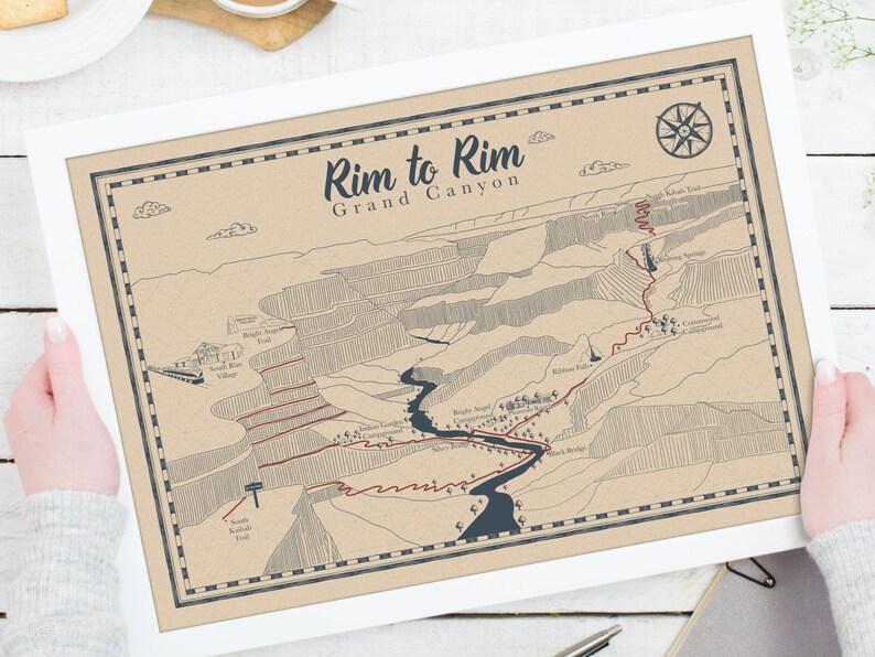 Rim to Rim Trail Map, Illustrated Hiking Map, Rim to Rim Poster, Grand ...