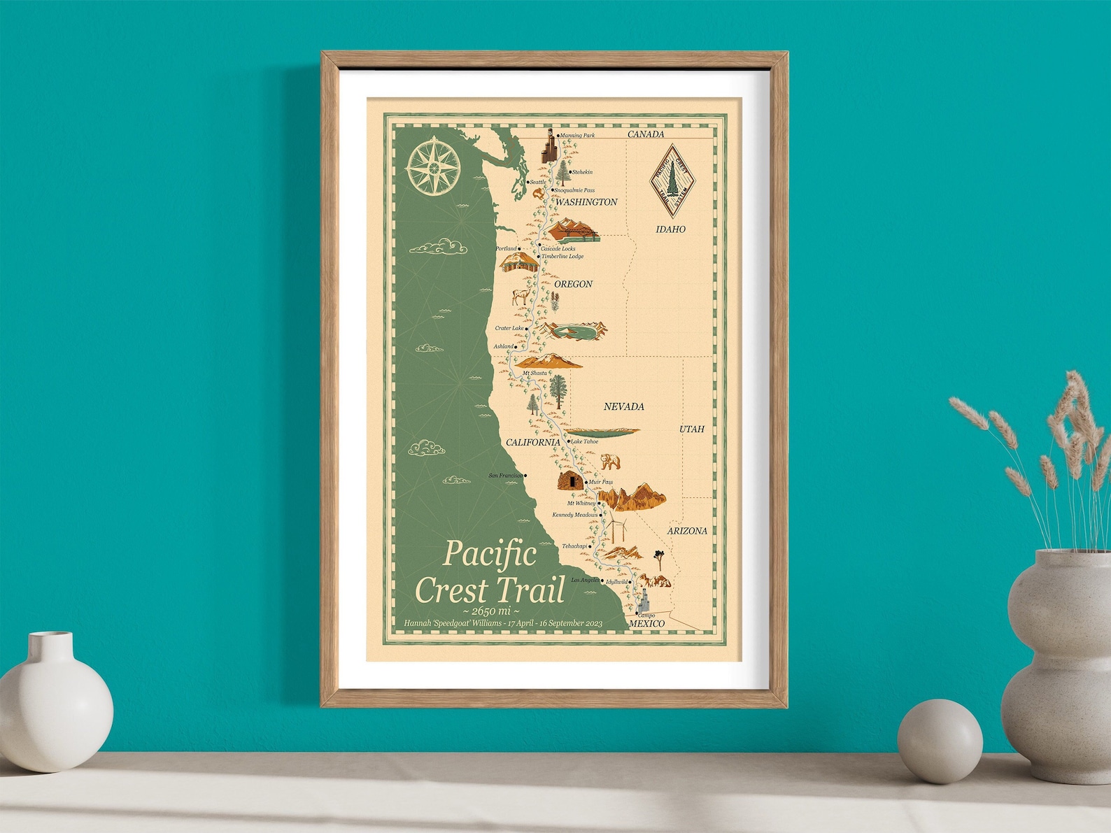 Pacific Crest Trail Map, Illustrated Hiking Map, Pacific Crest Trail ...