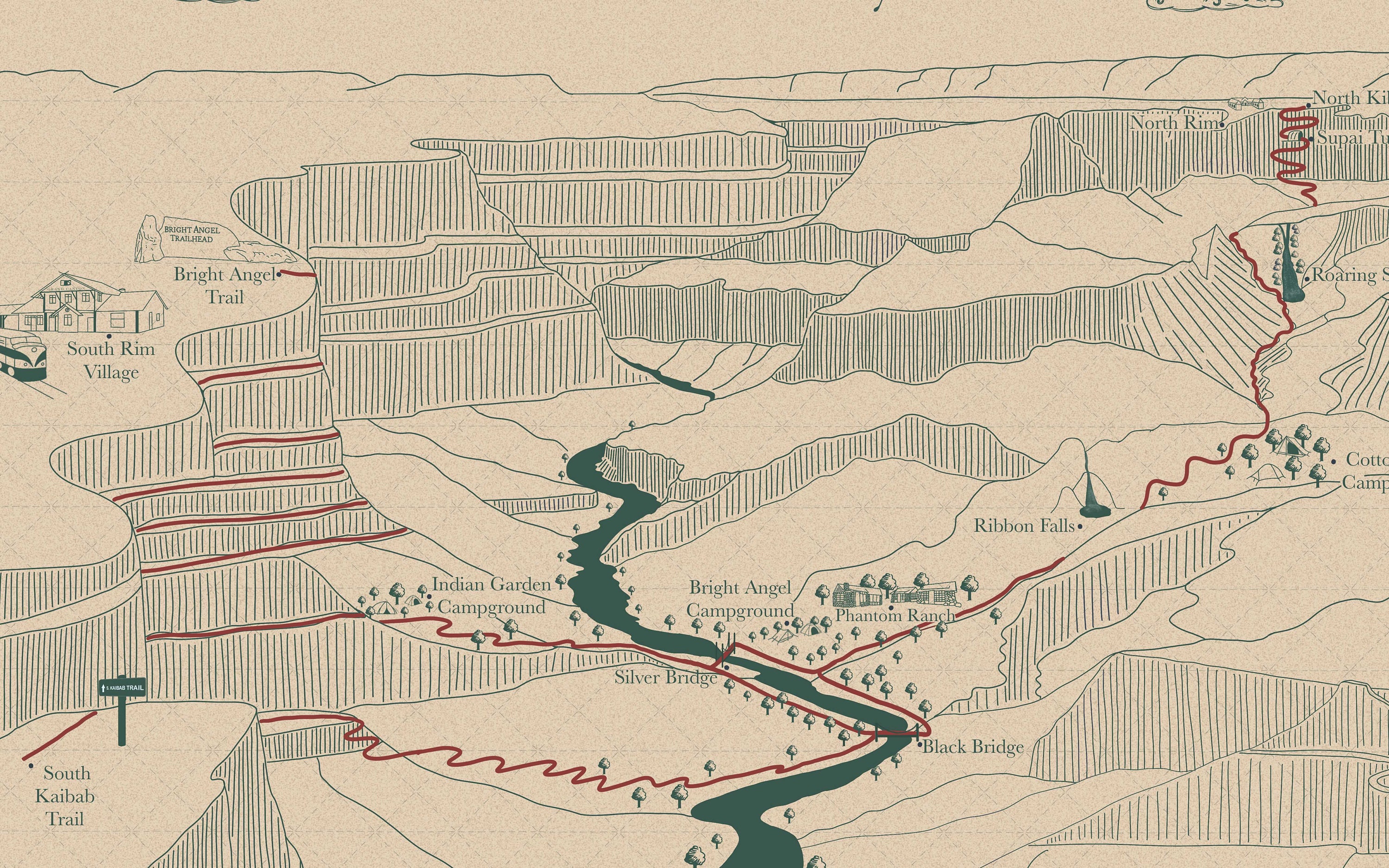 Rim to Rim Trail Map, Illustrated Hiking Map, Rim to Rim Poster, Grand ...
