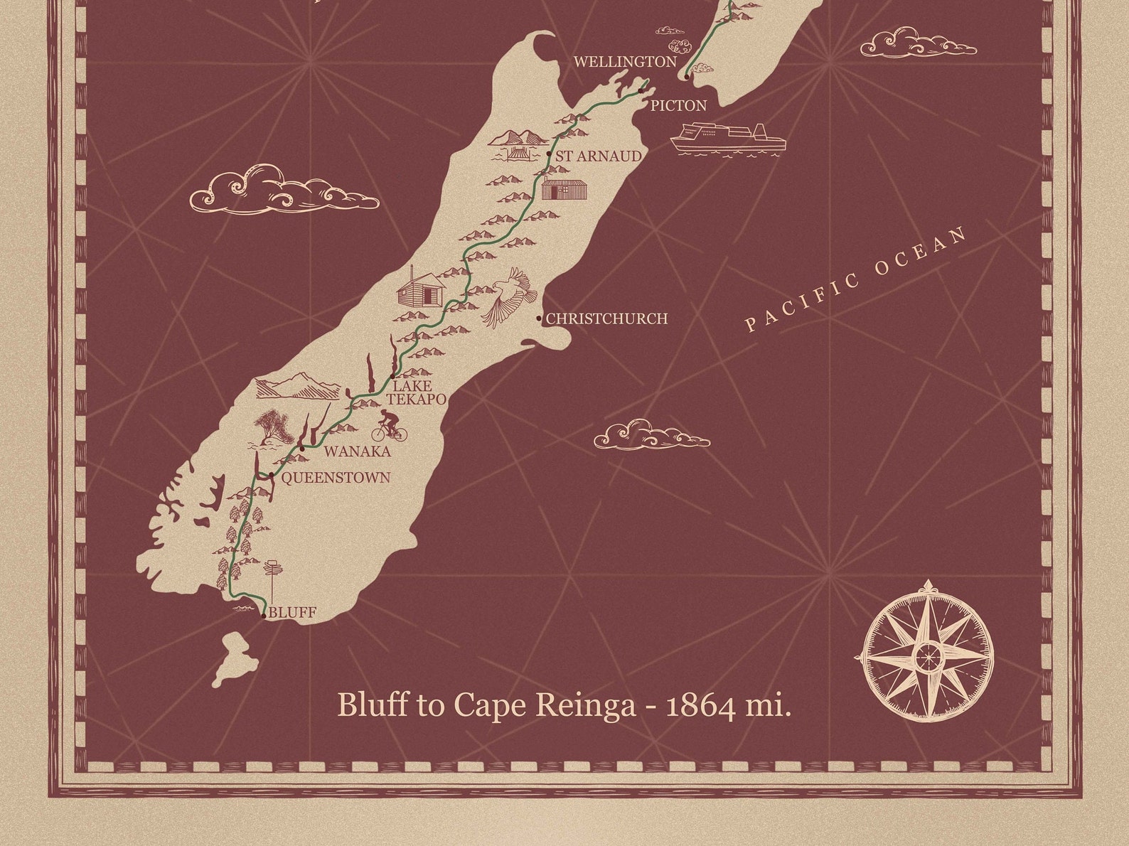 Te Araroa Trail Map Illustrated Hiking Map Te Araroa Poster - Etsy ...