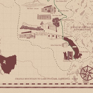 The Overland Track Map, Illustrated Hiking Map, Overland Trail Poster ...