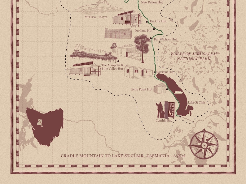 The Overland Track Map, Illustrated Hiking Map, Overland Trail Poster ...