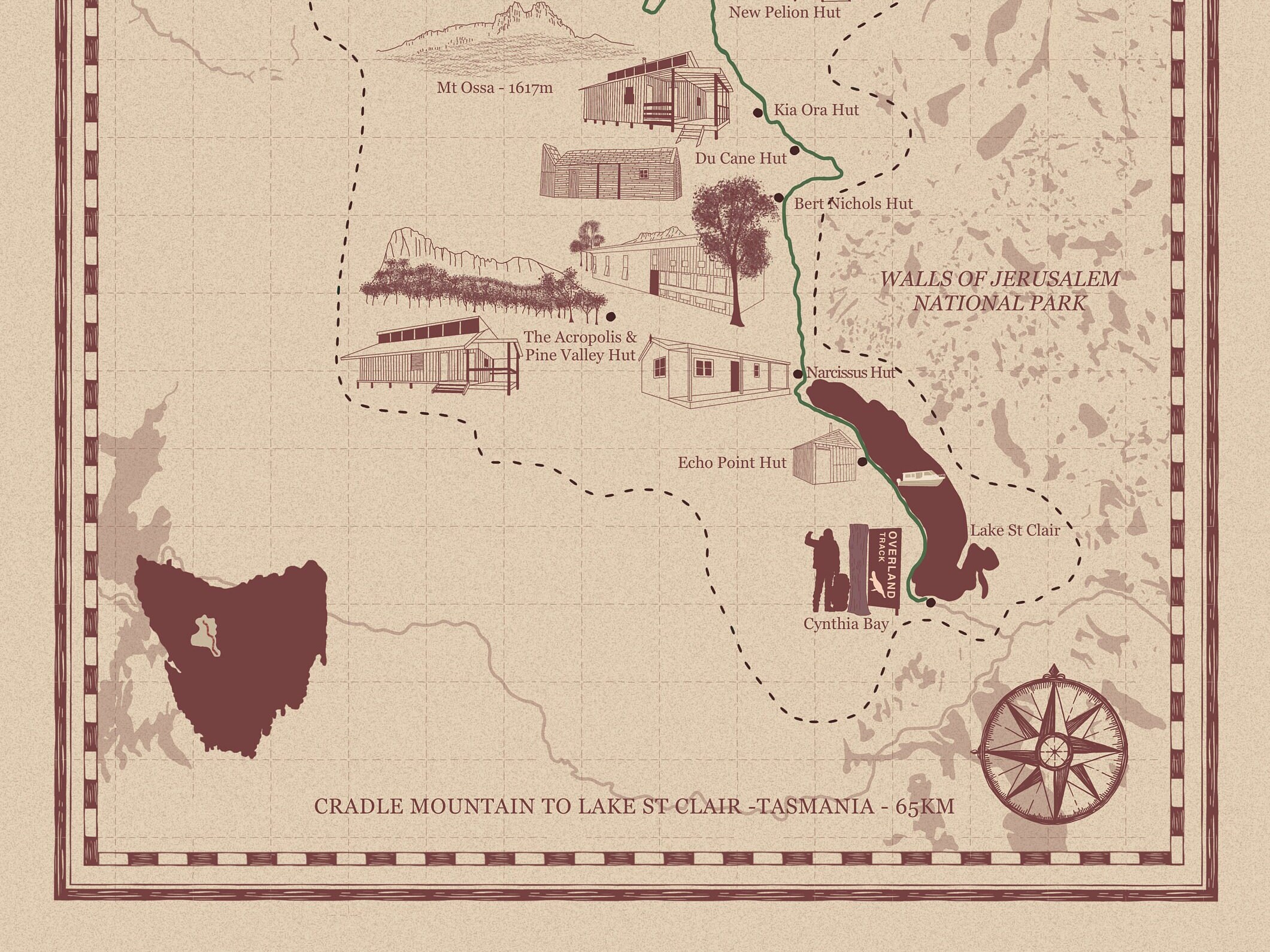 The Overland Track Map, Illustrated Hiking Map, Overland Trail Poster ...