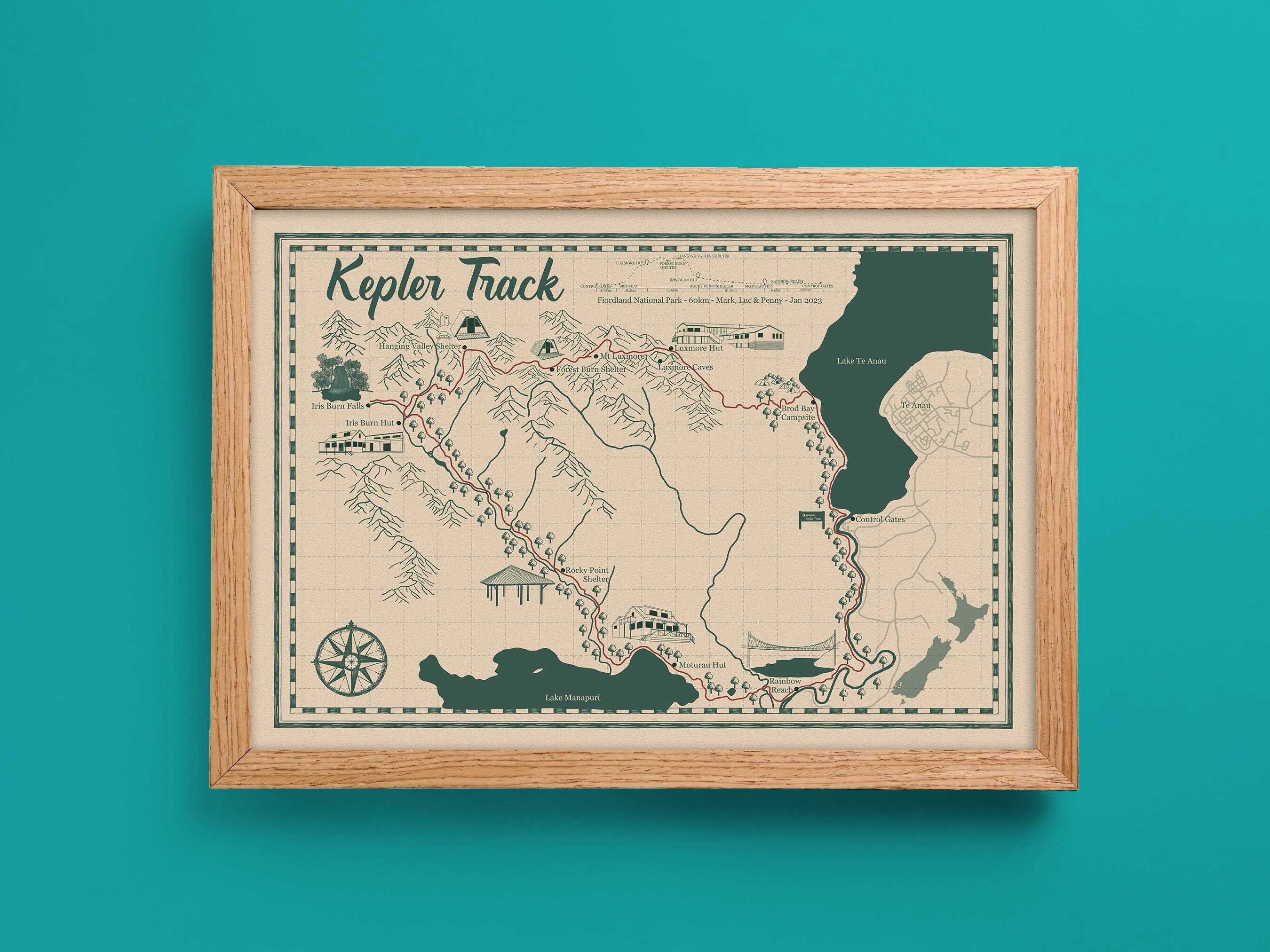 Kepler Track Map, Illustrated Hiking Map, Fiordland National Park ...
