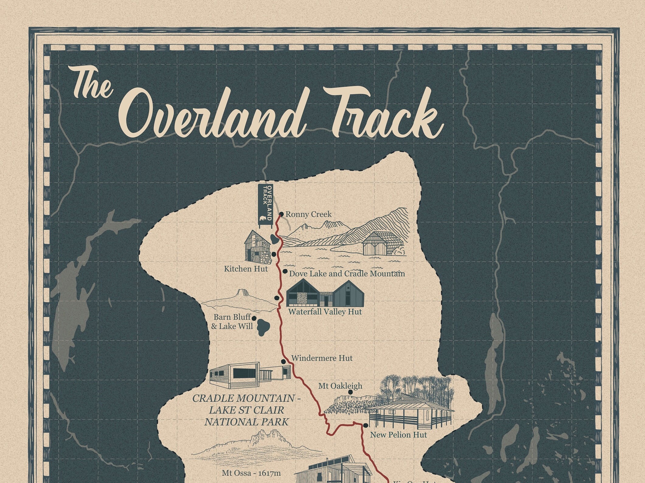 The Overland Track Map Illustrated Hiking Map Overland Trail - Etsy