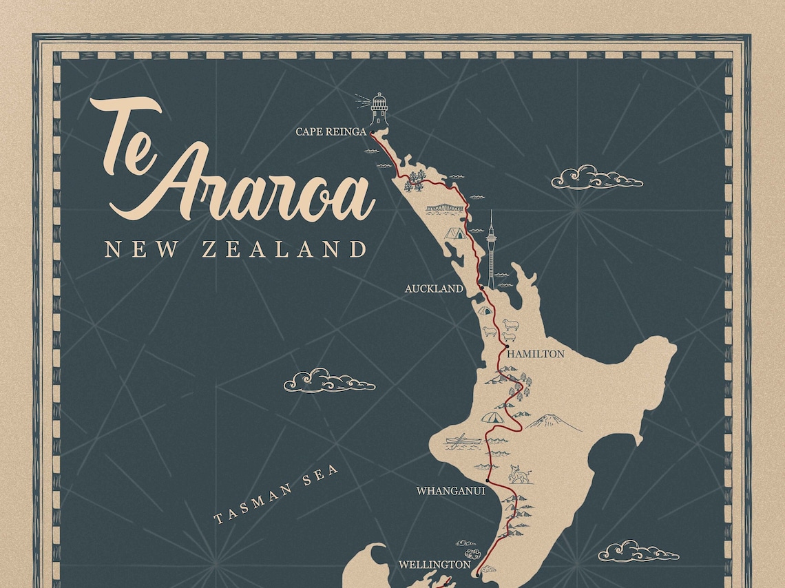 Te Araroa Trail Map Illustrated Hiking Map Te Araroa Poster - Etsy