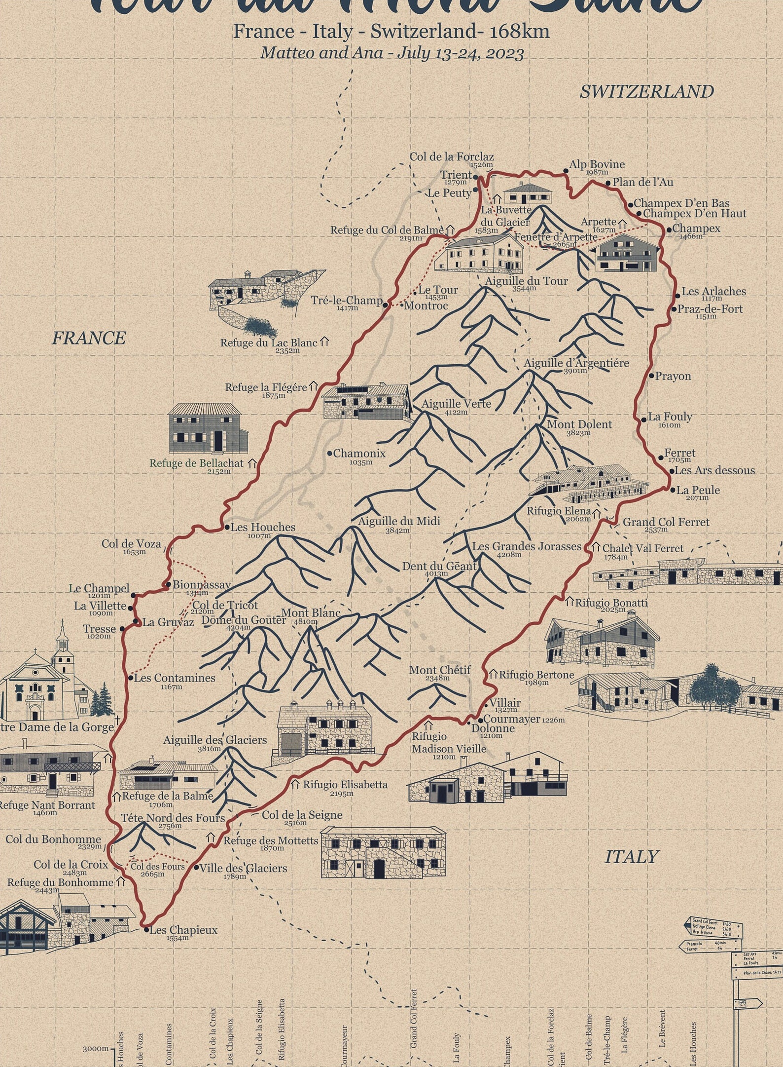 Tour Du Mont Blanc Trail Map, Illustrated Hiking Map, TMB Map, Hiking ...