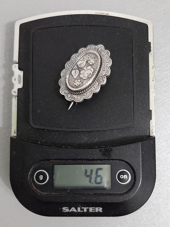 Antique 1890 Sterling Silver Engraved Rose Flower Bro… - Gem