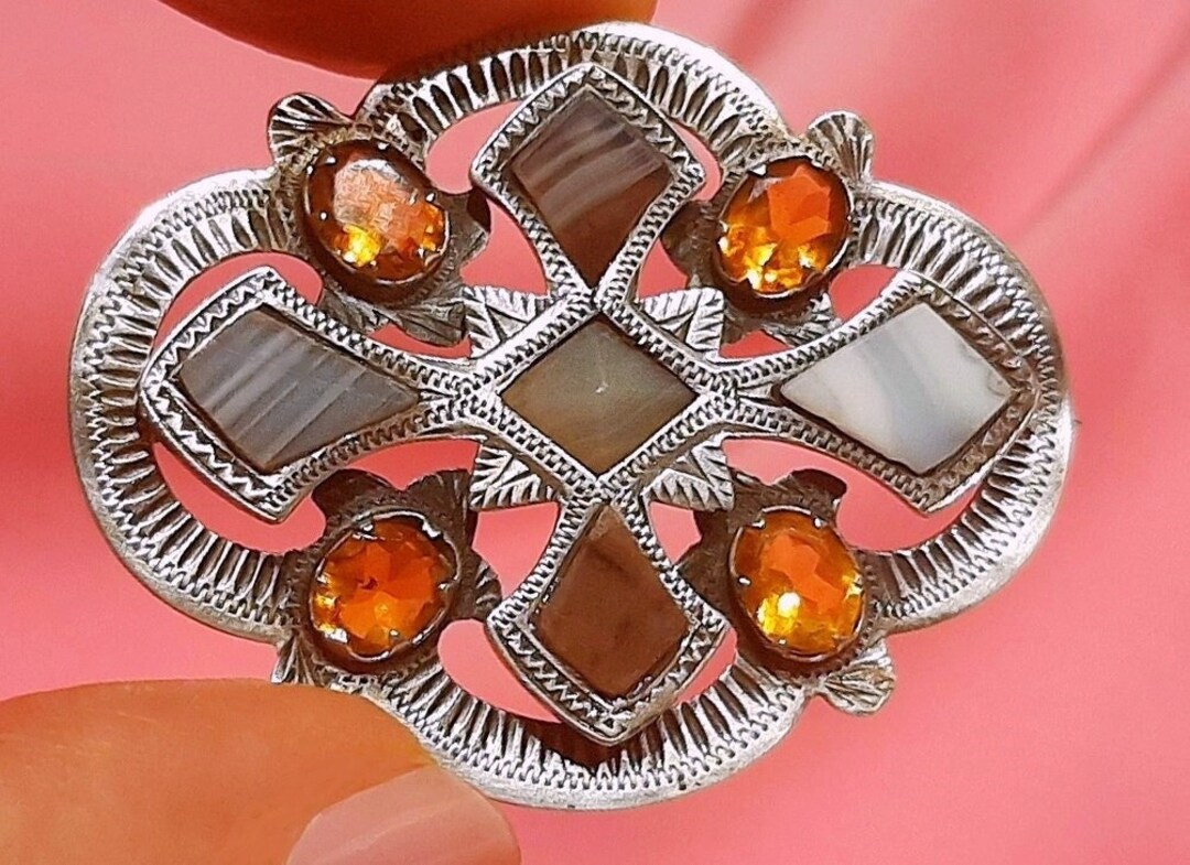 1860s Antique Engraved Silver Scottish Brooch Hard Stone Celtic Style ...