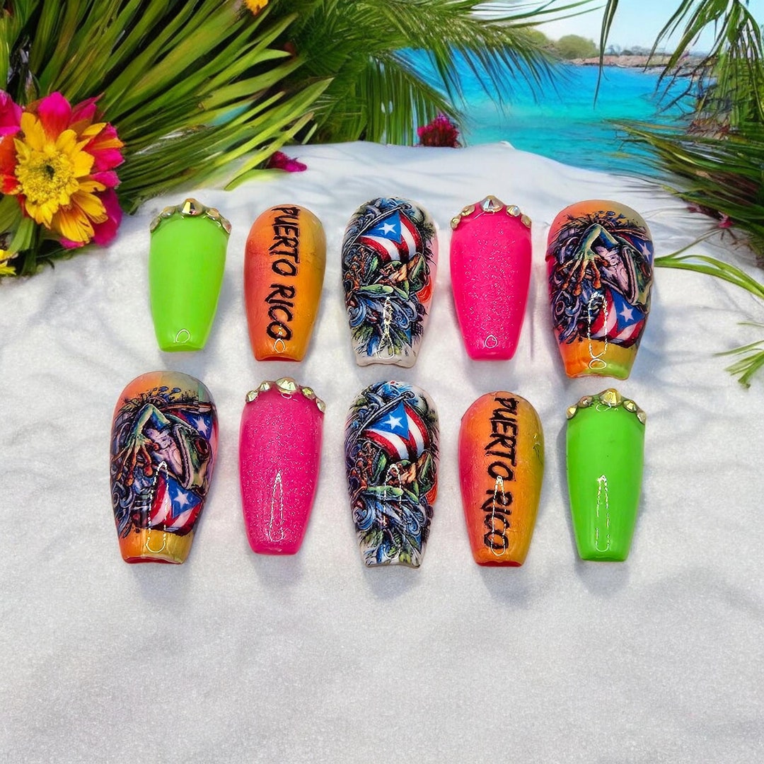 Tropical Puerto Rico Paradise Boricua Pride Handcrafted Press-on Nails ...