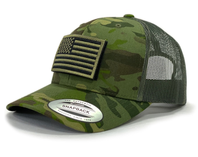 Black Olive American Flag Patch Camouflage Structured Mesh Trucker Cap ...