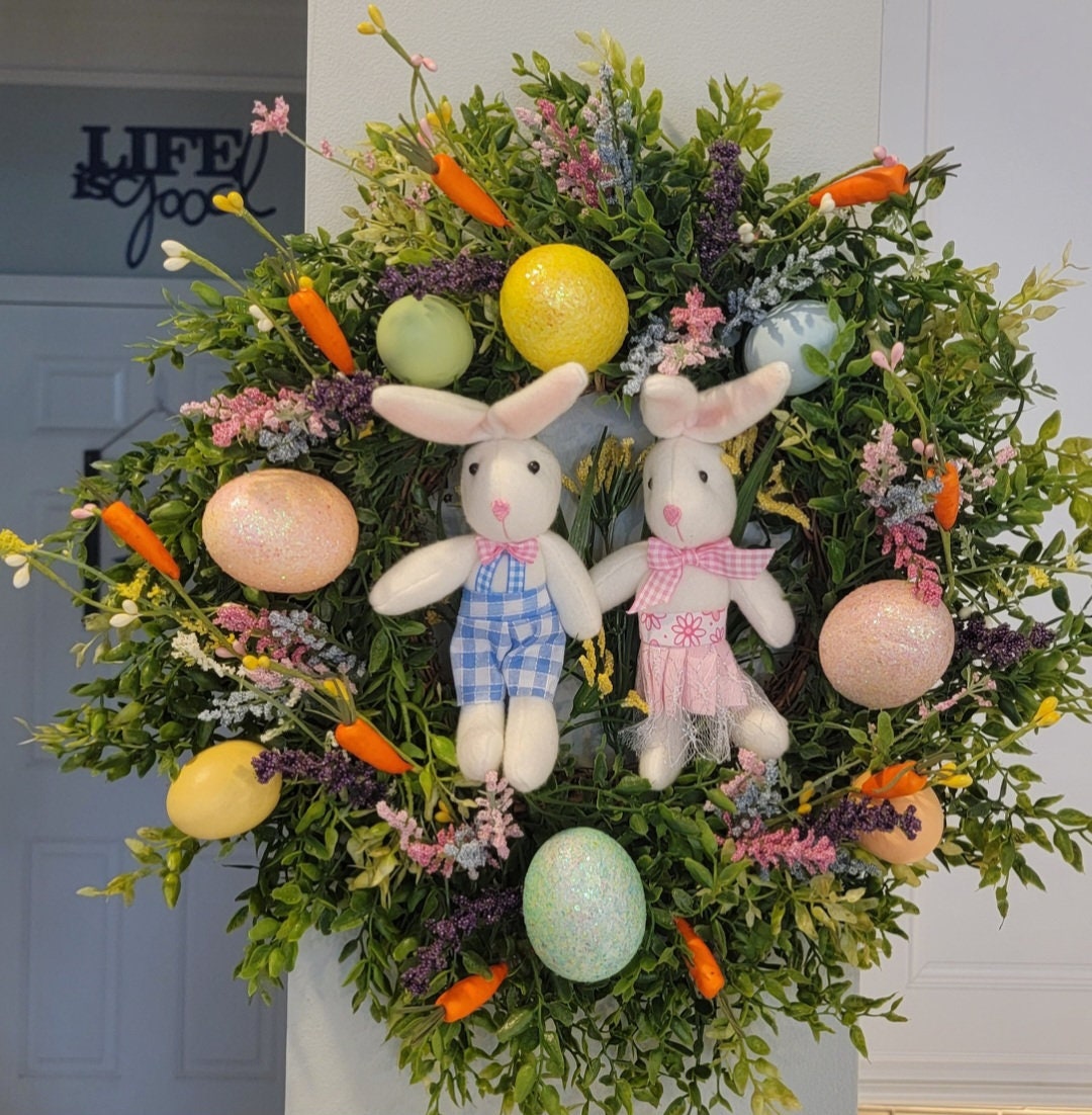 Boy and Girl Bunny Wreath, Pastel Eggs and Carrots - Etsy