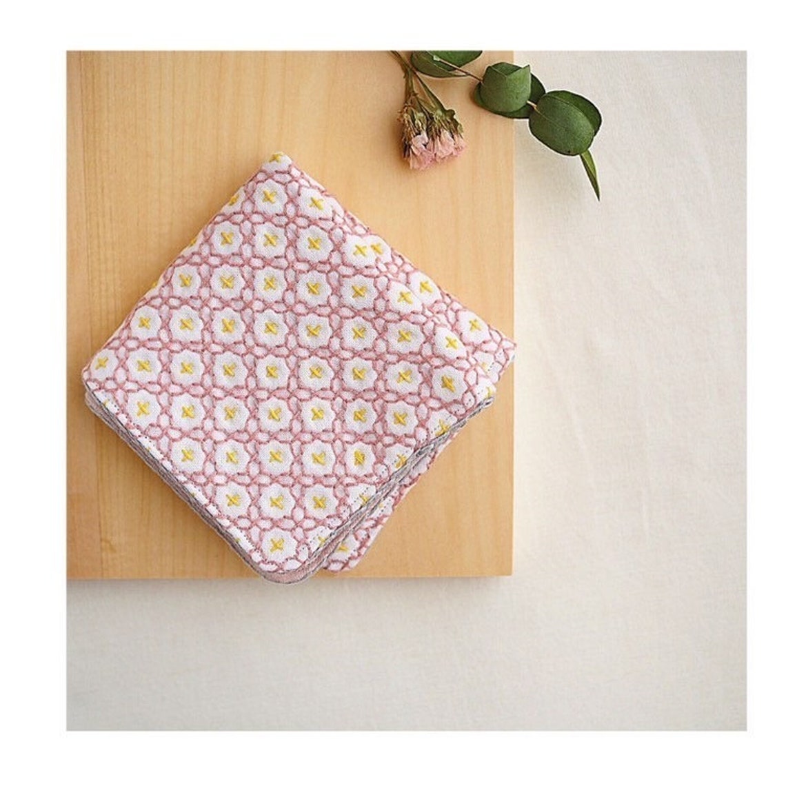 Sashiko Floral Pink Handkerchief / Handmade Handkerchief With - Etsy