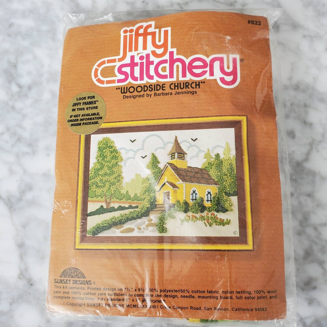 Vintage Embroidery Kit, Jiffy Stitchery, Woodside Church, 822, Sunset ...