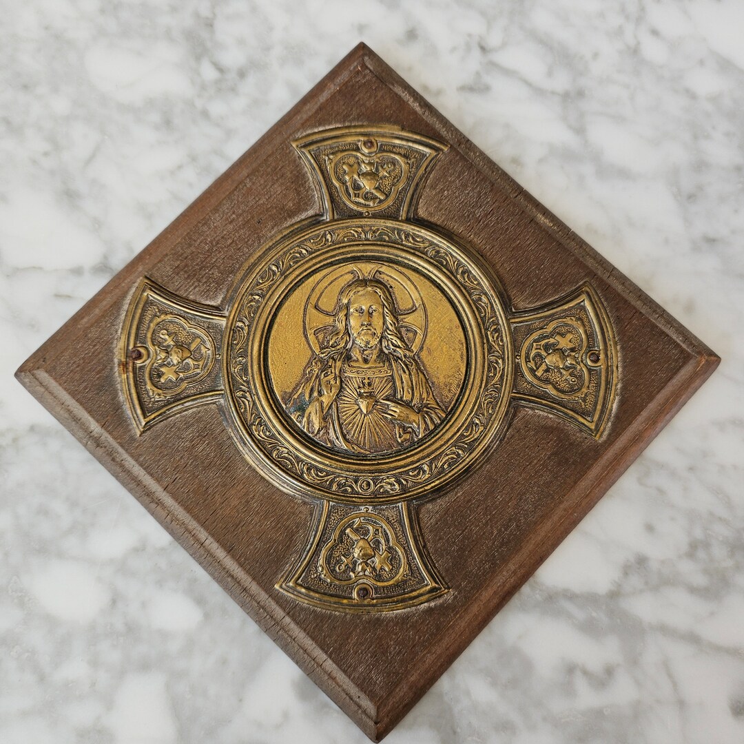 Antique Sacred Heart Jesus Christ Wooden Plaque, Wall Hanging, Holy ...