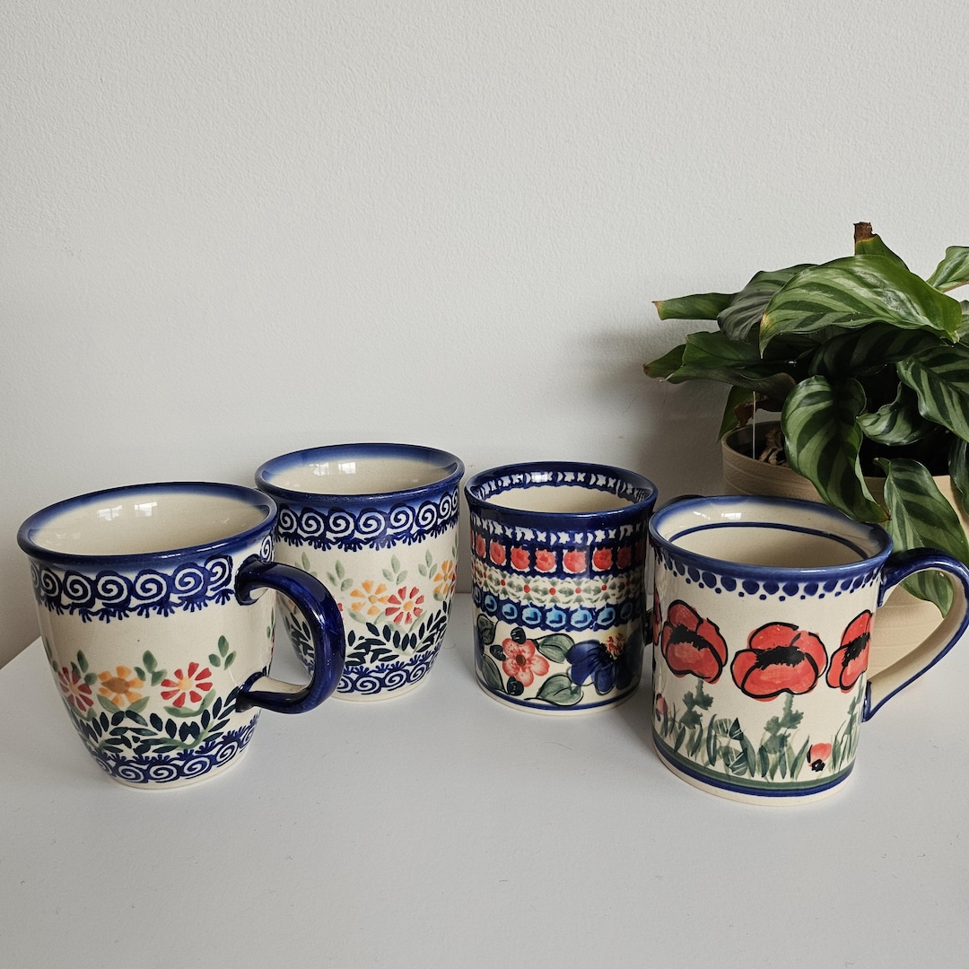 Polish Pottery Mugs, Poland Boleslawiec, Marigold Pattern, Colourful ...