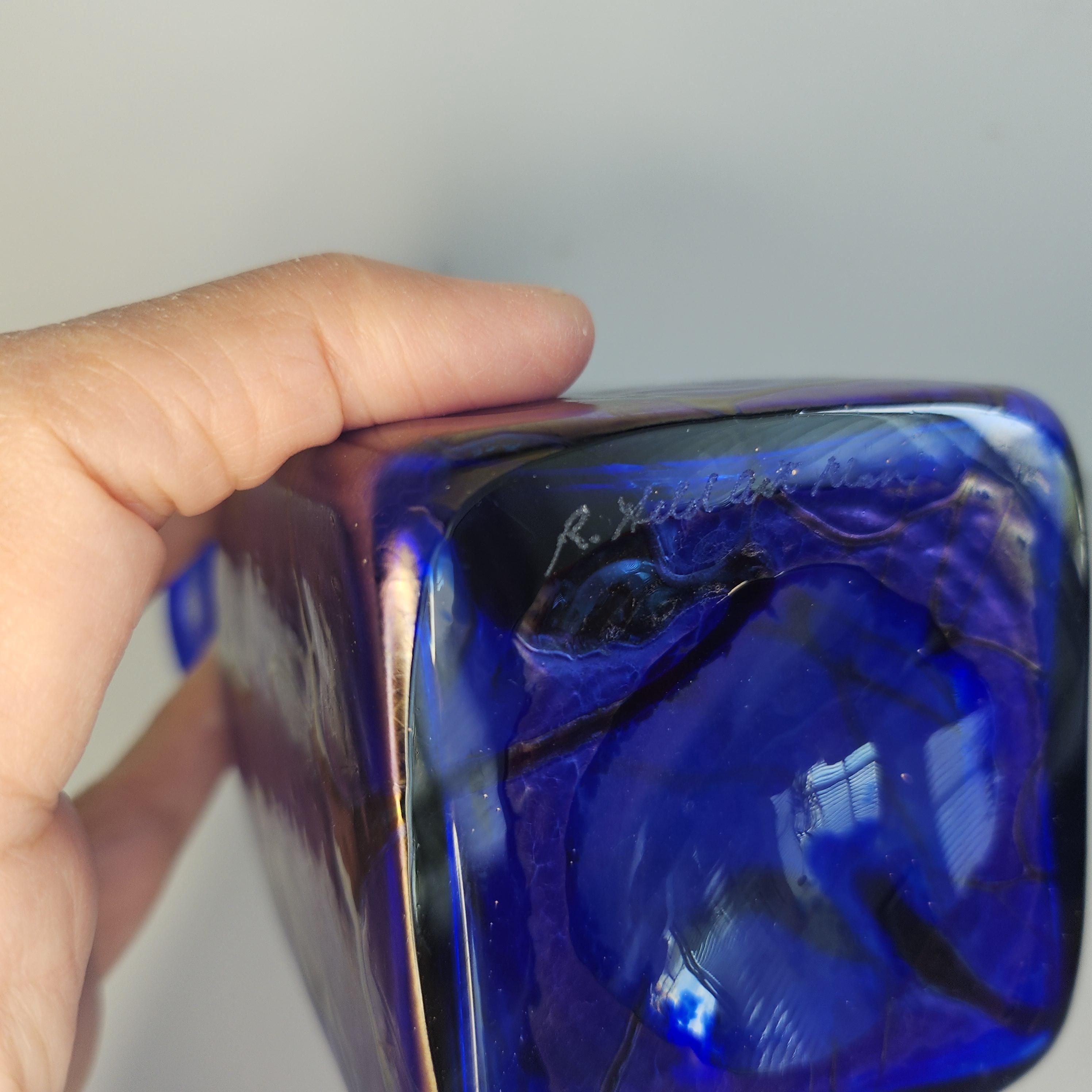 Robert Held Art Glass Vase, Iridescent Glass, Square Base, Blue Glass ...