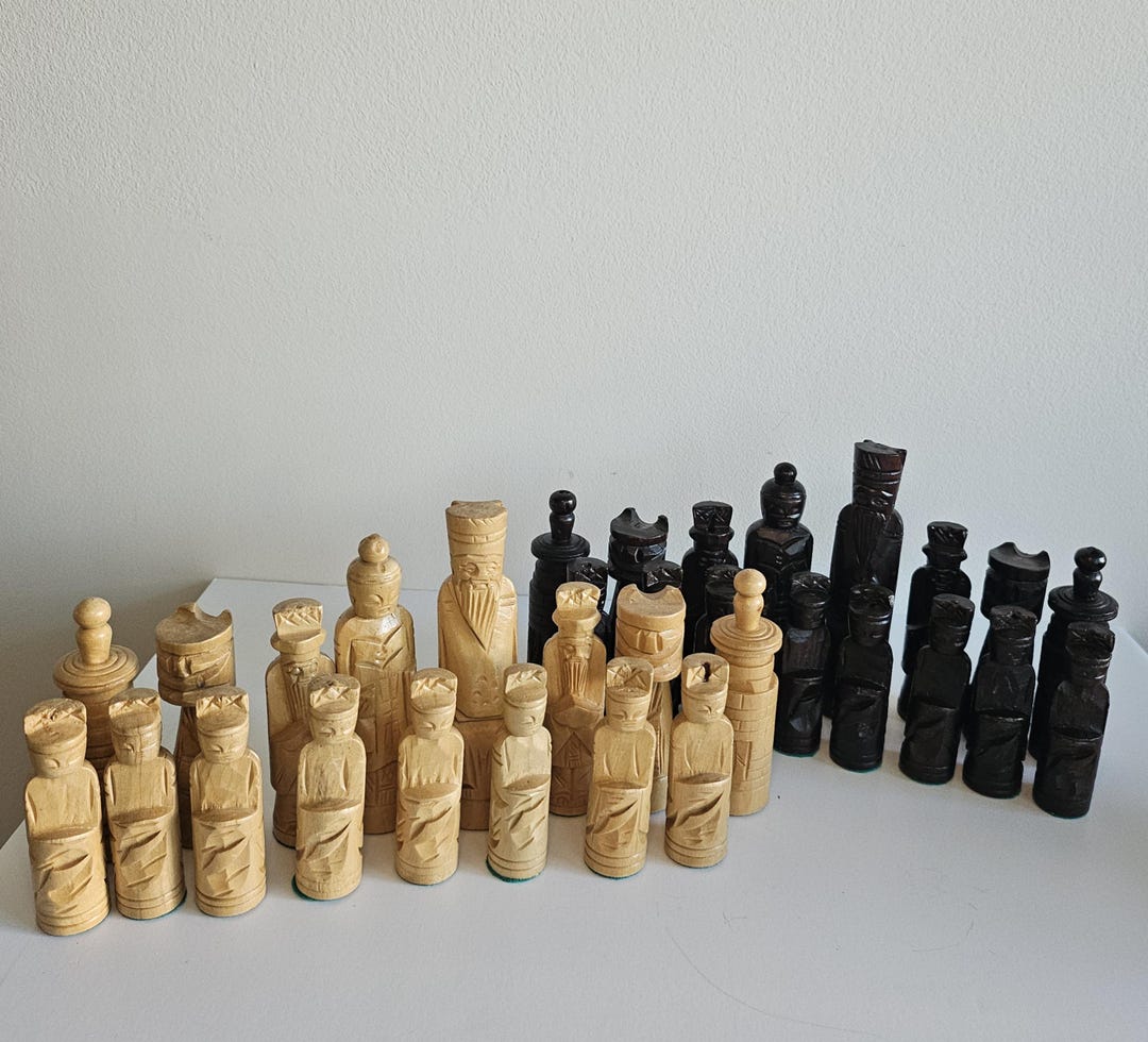 Wood Hand Carved Chess Set, Asian Characters, Chess Pieces, Full Set ...