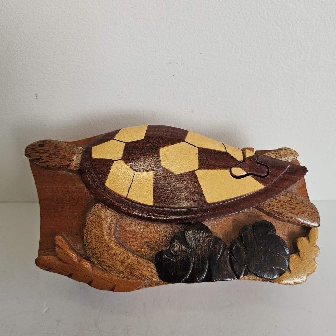 Carved Wood Turtle Secret Puzzle Box, Jewelry Lidded Box, Jewelry ...