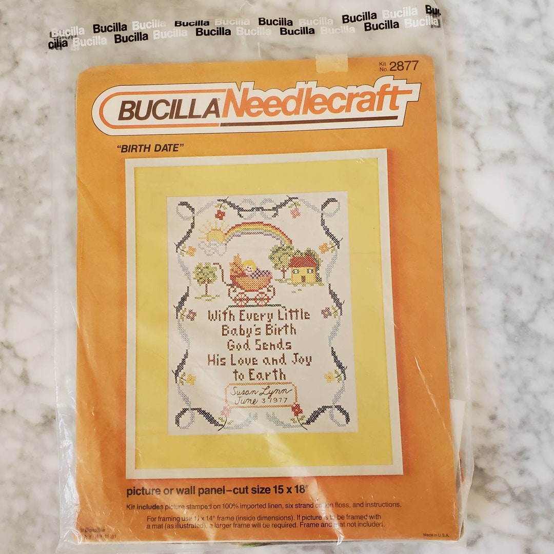 Vintage Bucilla Embroidery Cross Stitch Kit 2877, Picture, Wall Panel, Birth Date, Baby Welcome ...