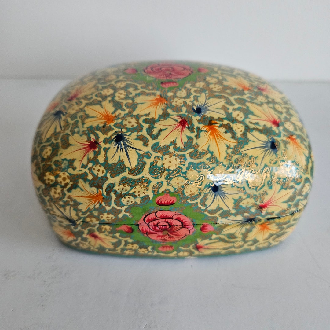 Kashmir Trinket Box, Wooden Domed Box, Paper Mache, Floral Design ...