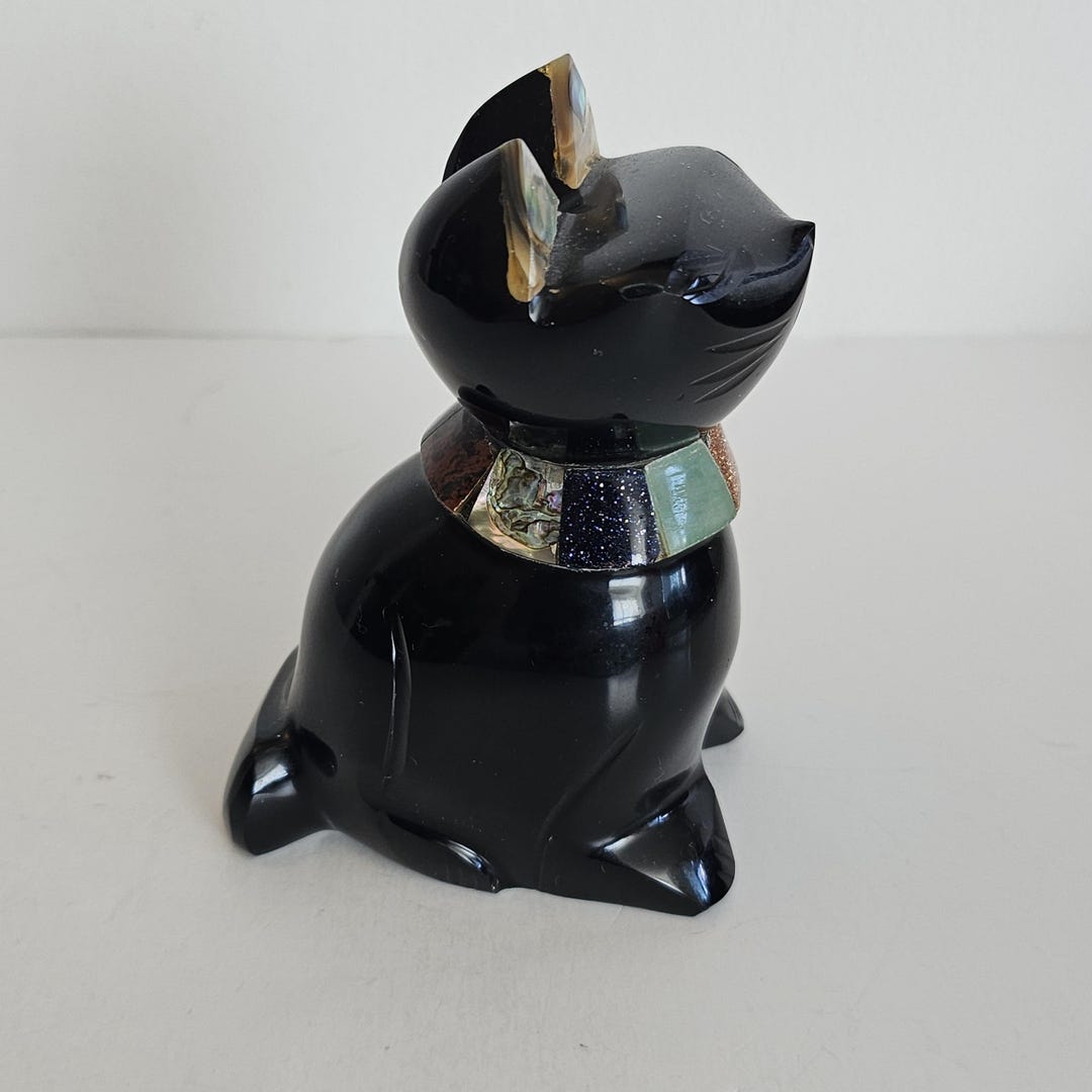 Obsidian Black Cat Figurine, Inlaid Gemstones, Mosaic Pattern, Oyster ...