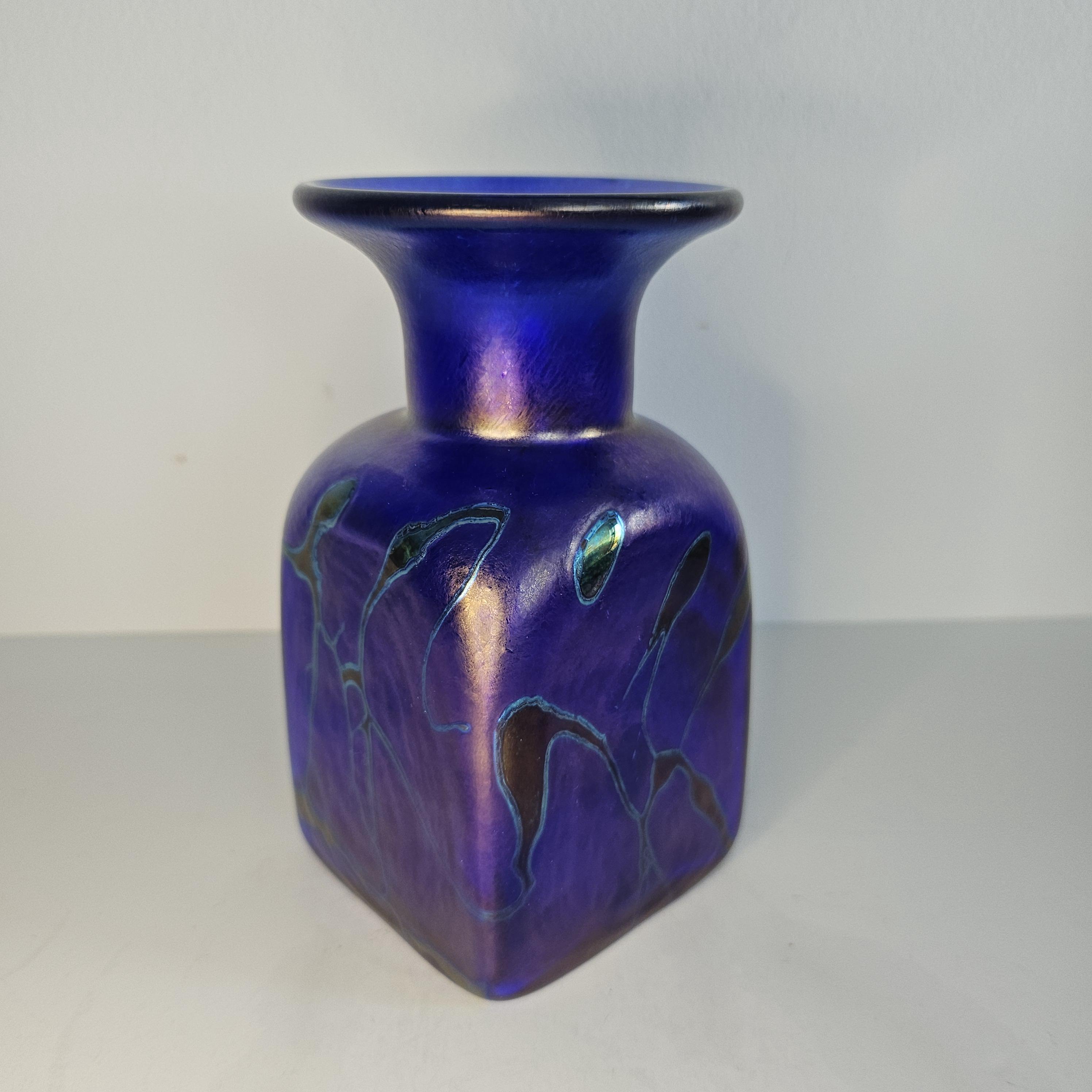 Robert Held Art Glass Vase, Iridescent Glass, Square Base, Blue Glass ...