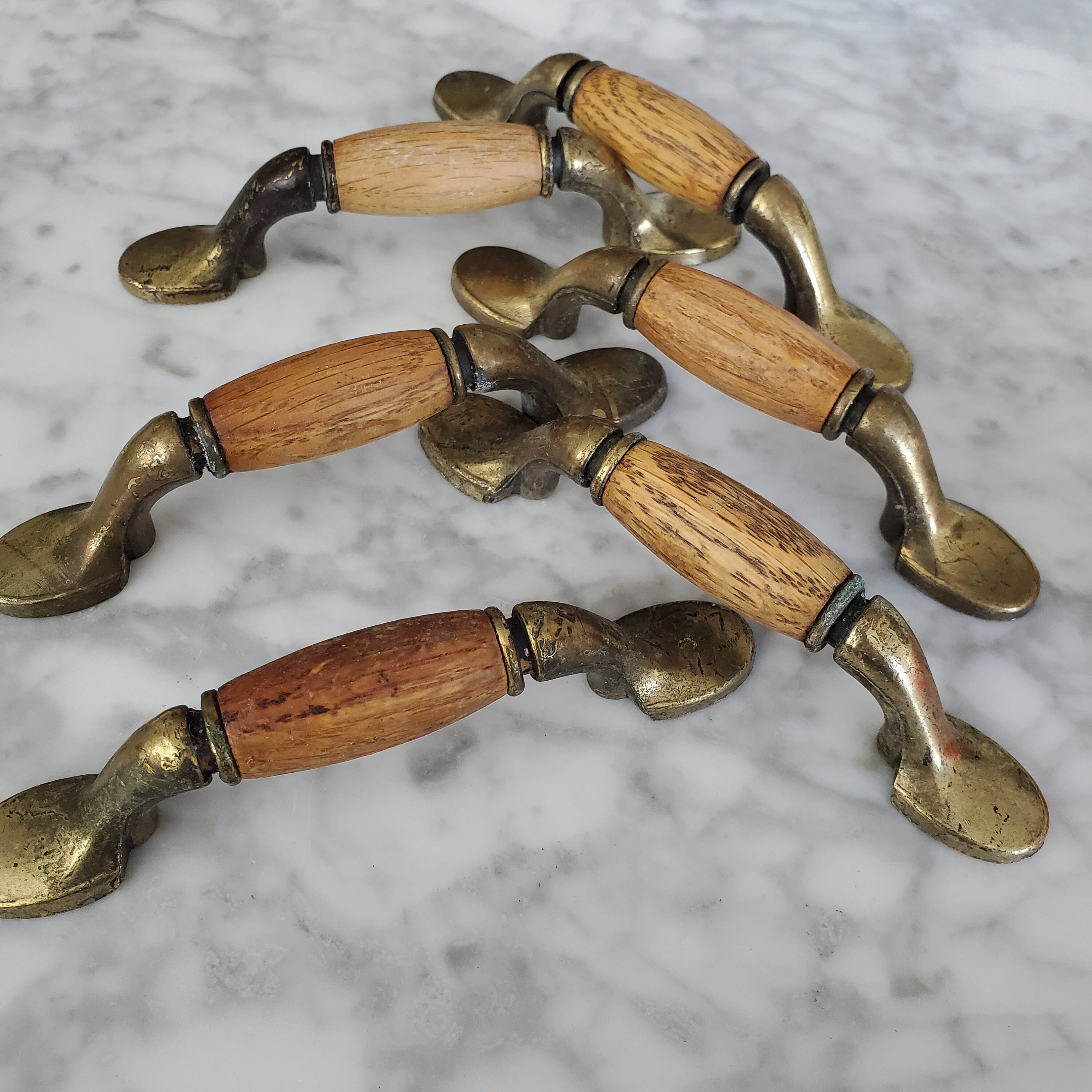 Vintage Hardware, Brass & Oak Wood, Gold Tone, Drawer Pull, Door Pull ...