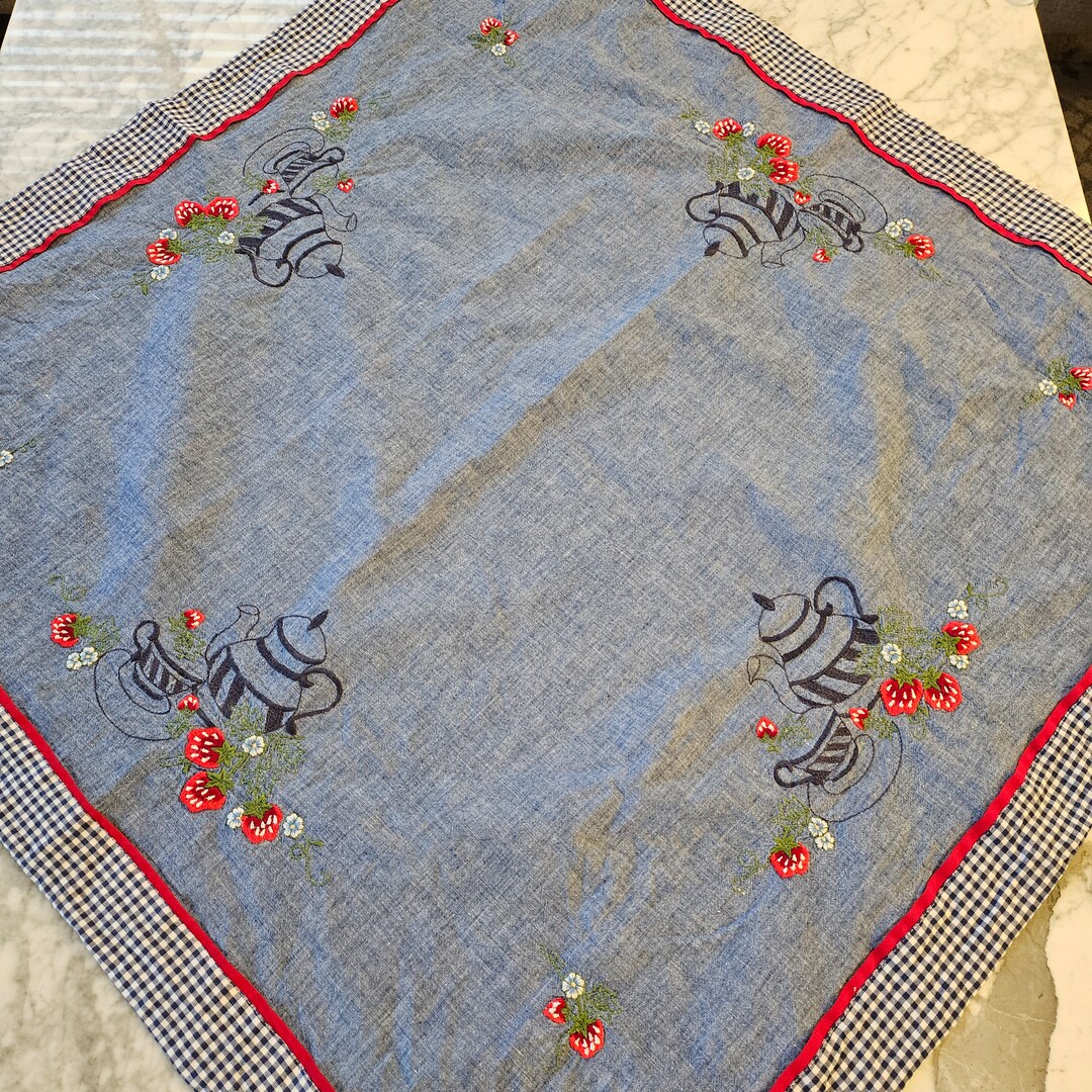 Embroidered Strawberries Tablecloth, Embroidered Linen, Denim Kitchen ...