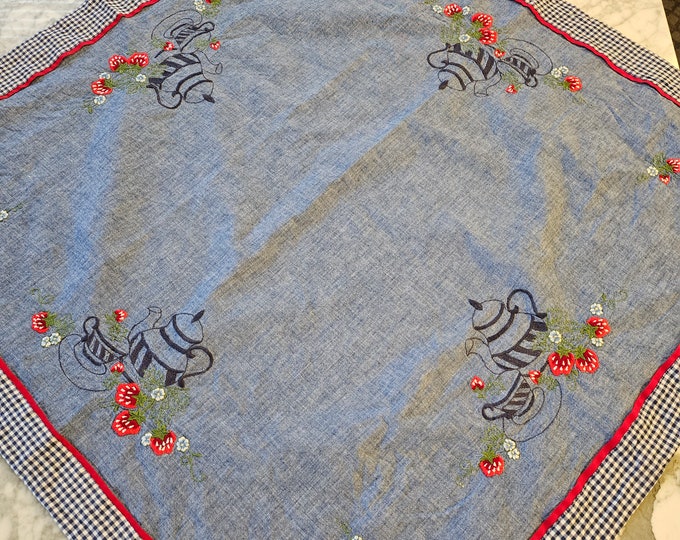 Embroidered Strawberries Tablecloth, Embroidered Linen, Denim Kitchen ...