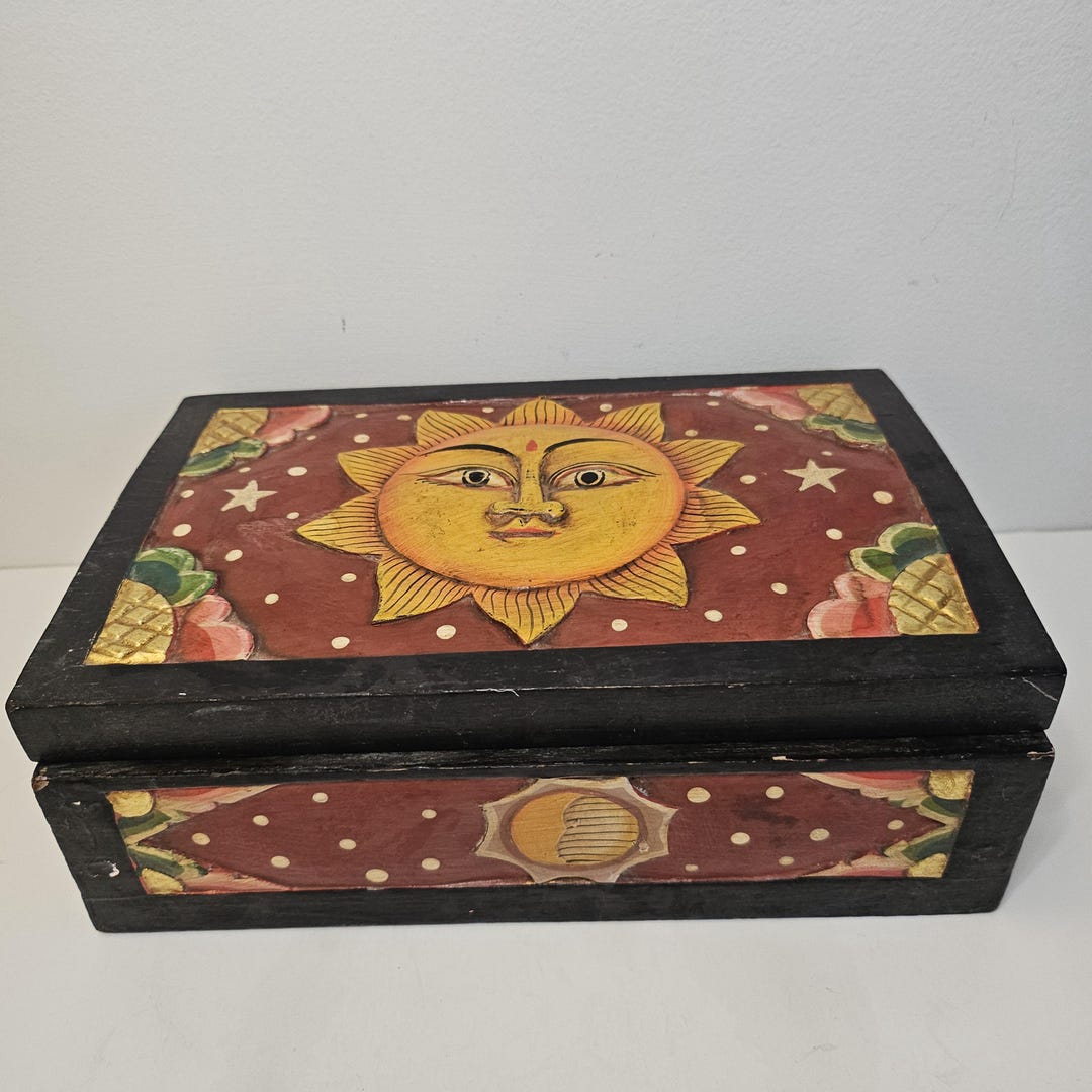 Sun Moon and Stars Carved Box, Celestial Wood Trinket Box, Jewelry Box ...