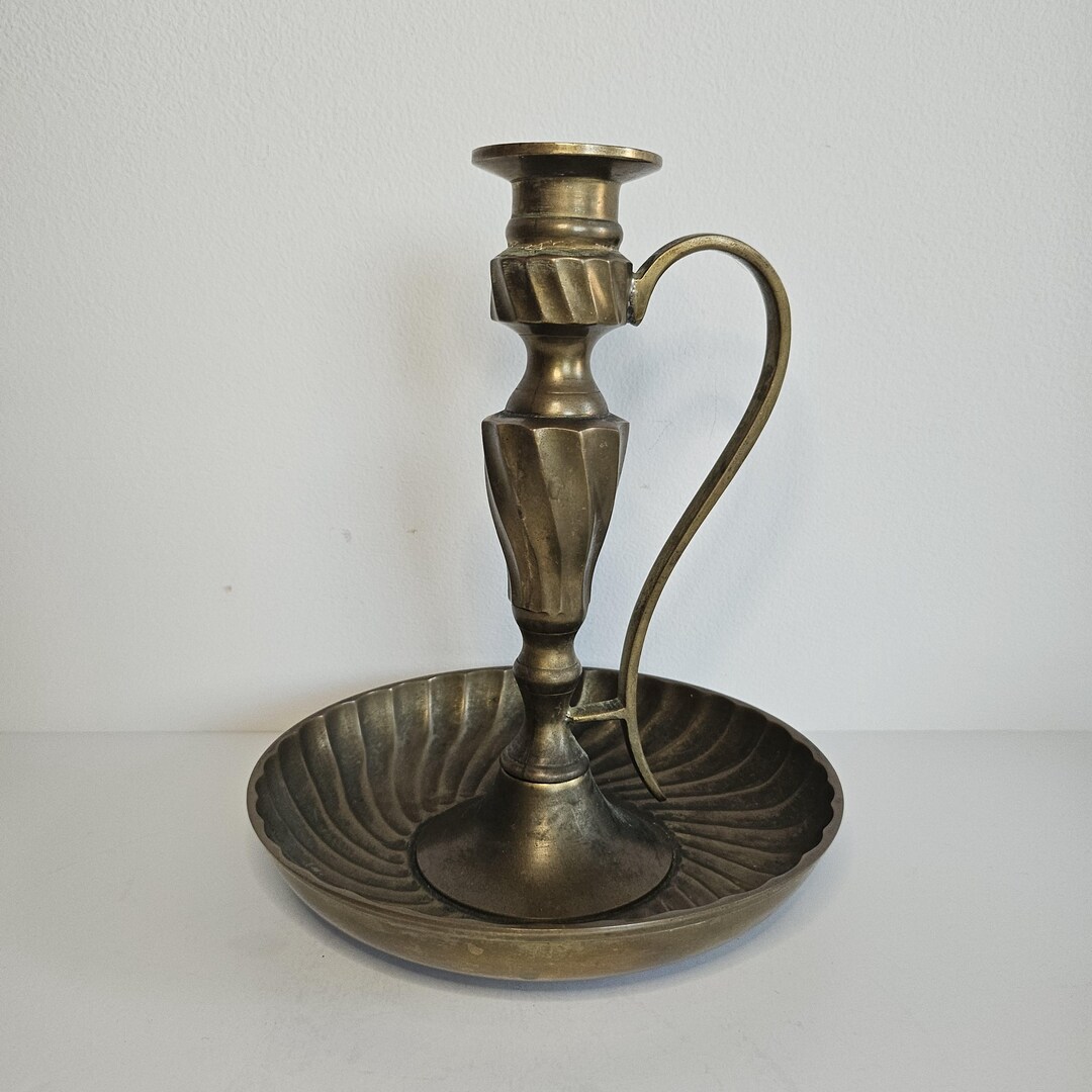 Vintage Brass Candlestick Holder, Finger Loop, Scalloped Bottom ...