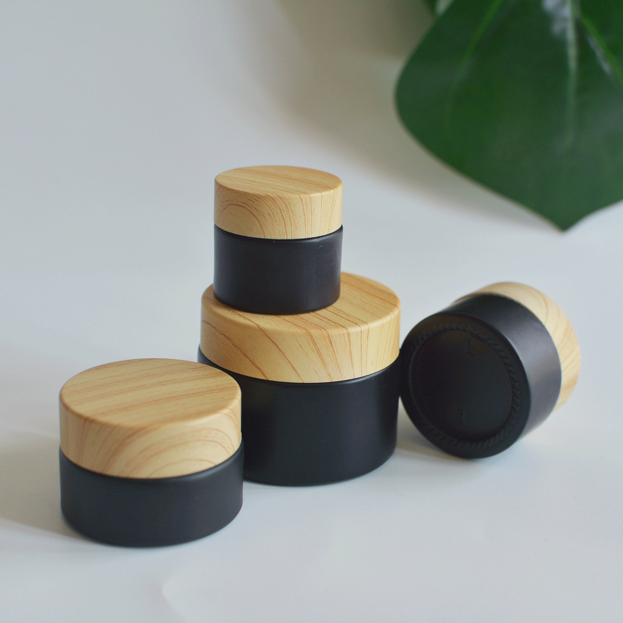 5g 15g 30g 50g Matte Black Glass Cream Jar Container Bamboo - Etsy