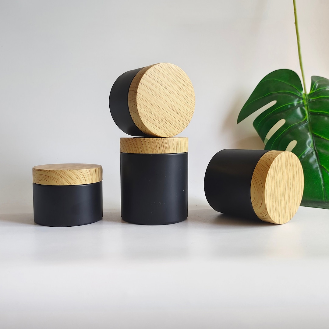 5oz 7oz 8oz Matte Black Cosmetic Cream Jar Container, Plastic Bamboo ...