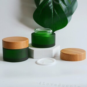 1-200pcs 50g Natural Bamboo Cream Jar Frosted Green Glass Facial Body ...