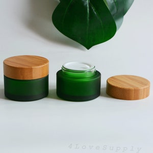 1-200pcs 50g Natural Bamboo Cream Jar Frosted Green Glass Facial Body ...