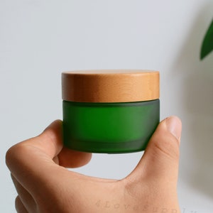 1-200pcs 50g Natural Bamboo Cream Jar Frosted Green Glass Facial Body ...