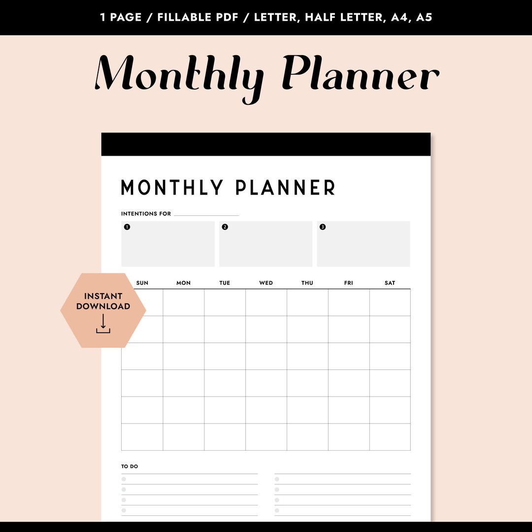 Printable Monthly Planner, Fillable Planner, Monthly Overview, Blank ...