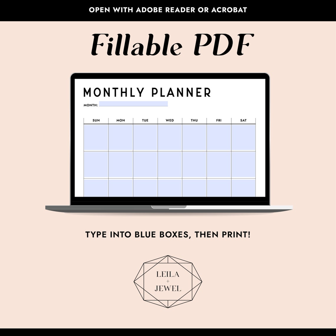 Printable Monthly Calendar, Fillable PDF, Printable PDF, Monthly ...