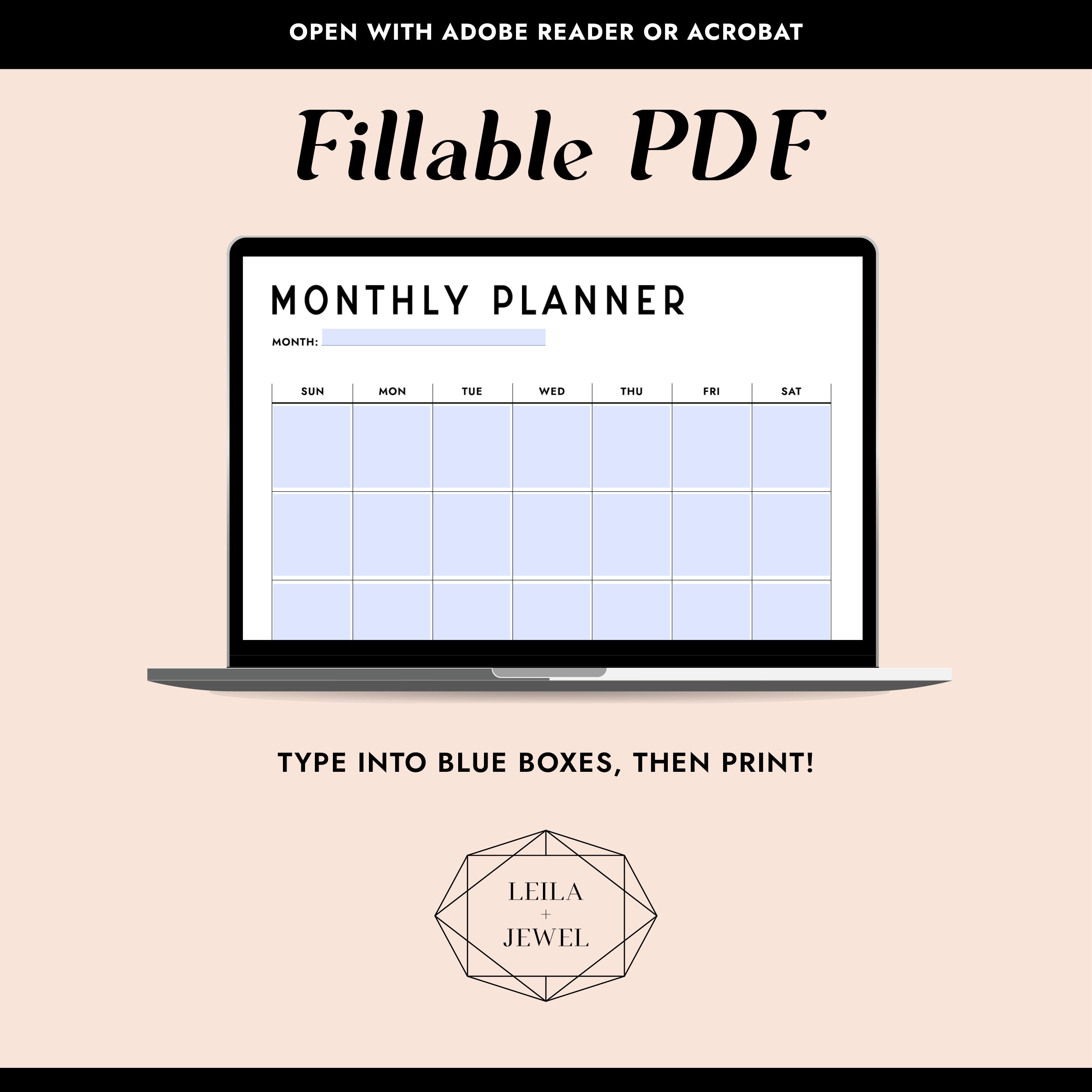 Printable Monthly Calendar, Fillable PDF, Printable PDF, Monthly ...