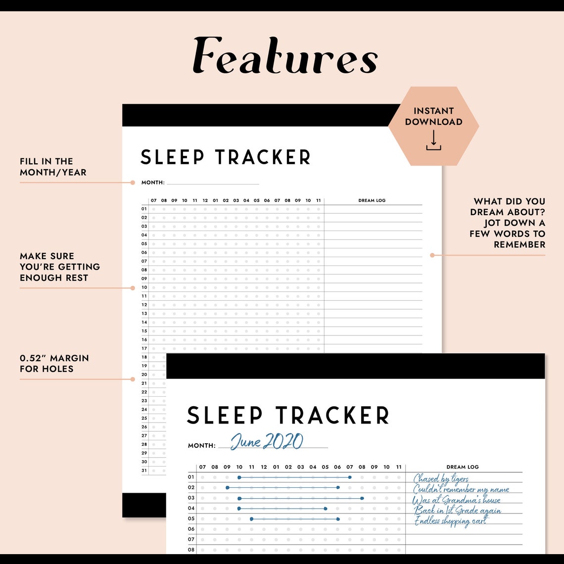 Printable Sleep Tracker, Minimal Sleep Journal, Fillable PDF, Bullet ...