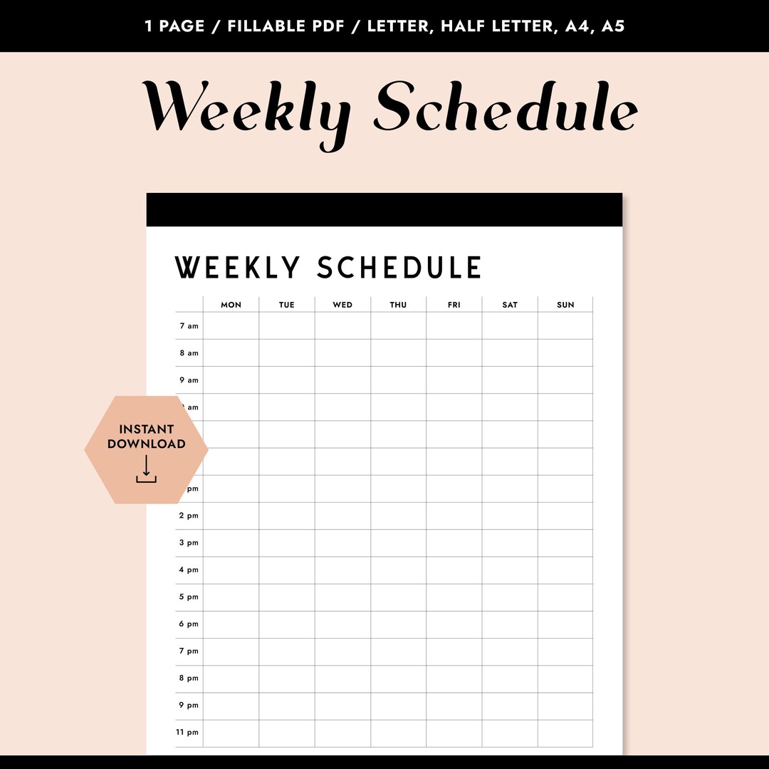 Printable Weekly Schedule, Minimal Weekly Planner, Fillable PDF, Weekly ...